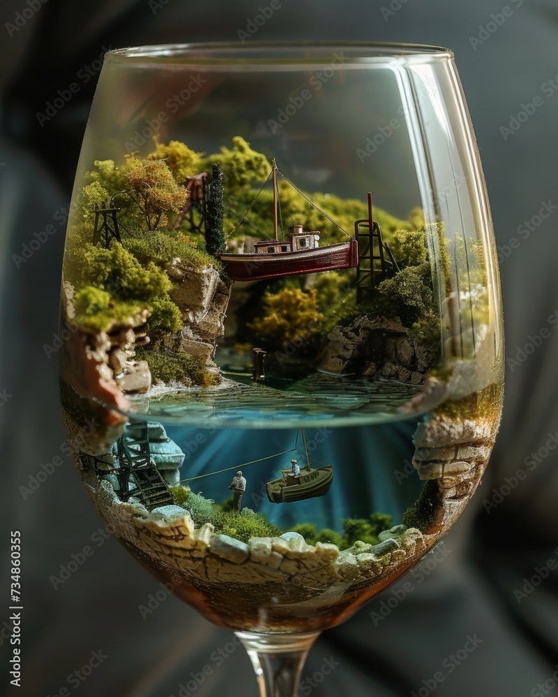 miniatures in a micro world with a bote and mini lake, all mounted ...