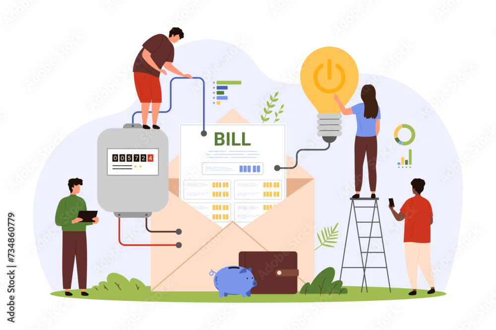 Payment for electricity using utility bill from paper letter. Tiny ...