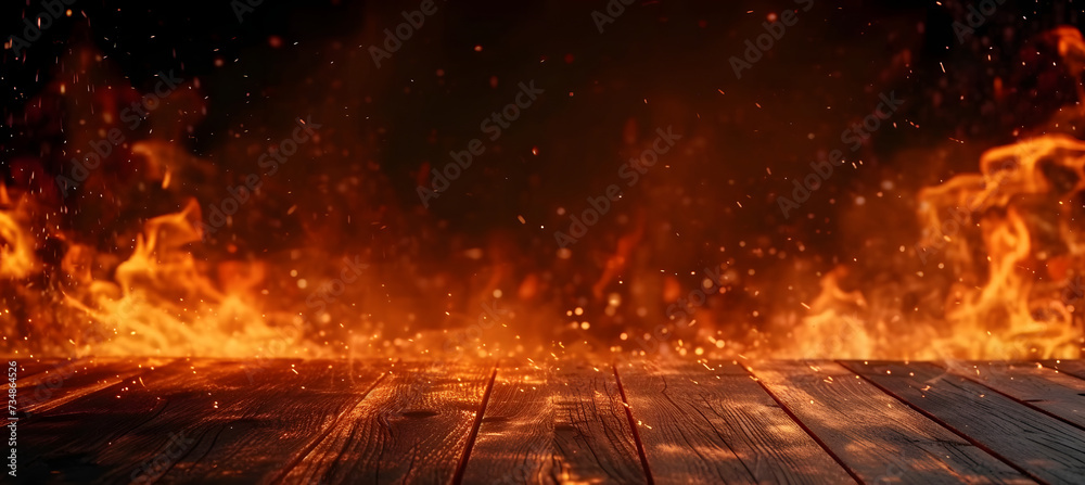 wooden table with Fire burning at the edge of the table, fire particles ...