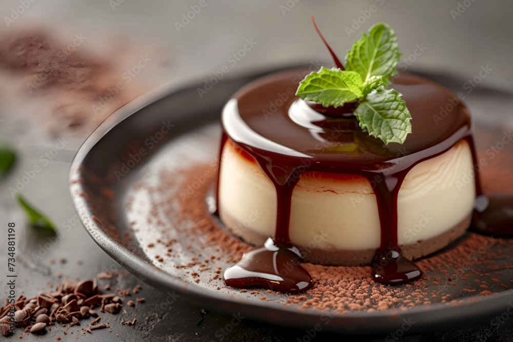 Creamy souffle dessert with chocolate sauce on a modern plate on dark ...