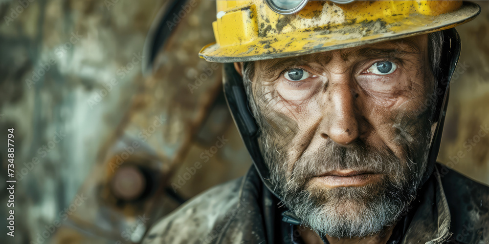 Construction Worker Portrait, copy space. Close-up of a construction ...