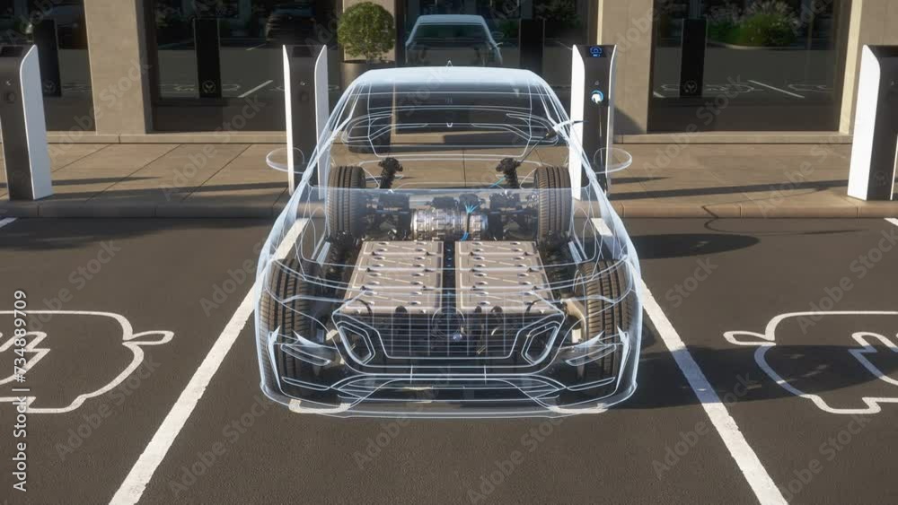 X-ray view of a generic autonomous electric car charging in front of an ...