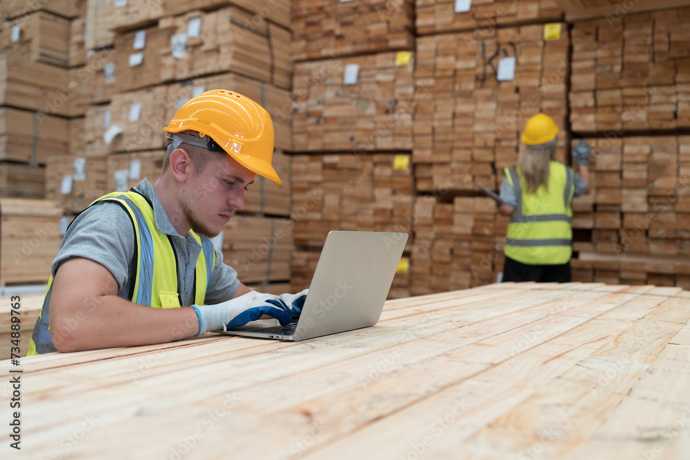 Male warehouse worker working with laptop computer in lumber storage ...
