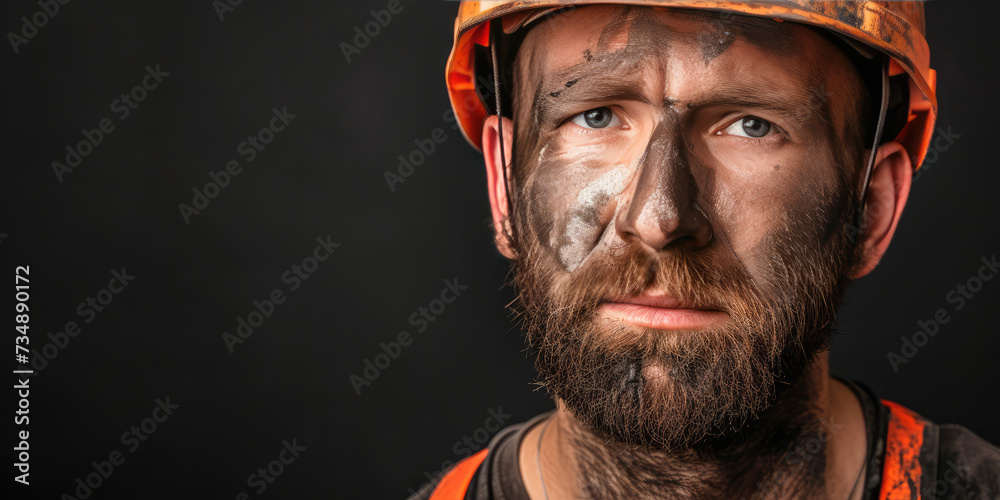 Construction Worker Portrait, copy space. Close-up of a construction ...