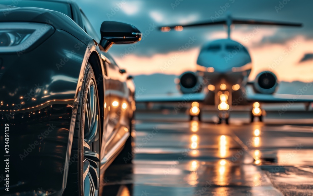 luxury supercar parket in front of a private jet at the airport Stock ...