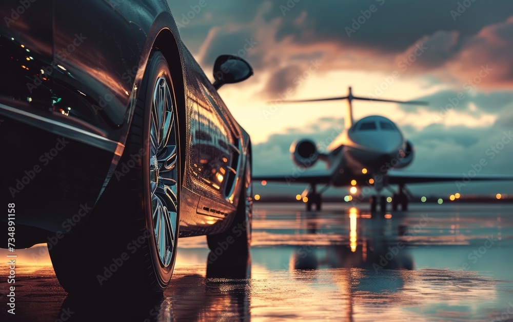 luxury supercar parket in front of a private jet at the airport Stock ...