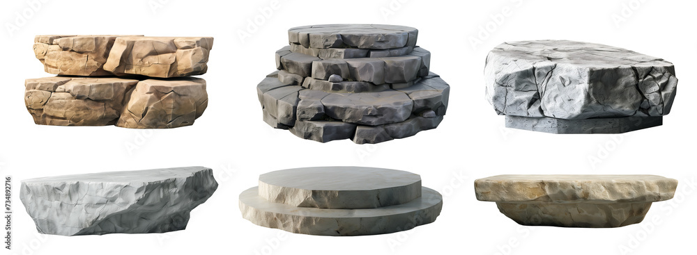 Collection set of long flat big hard rock boulder stone podium stage ...