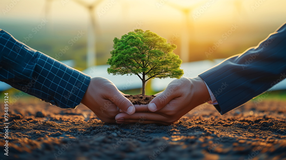 Two hands nurturing a young tree sapling against the background of wind ...