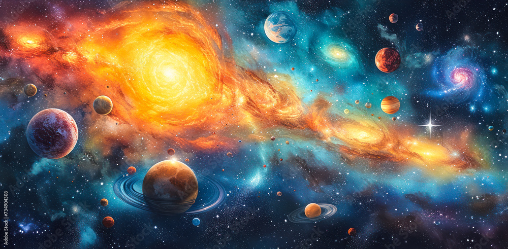 Artistic representation of a vibrant cosmic galaxy with a diverse array ...