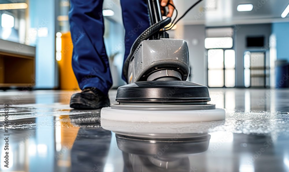 Professional janitorial staff using an industrial floor buffer machine ...