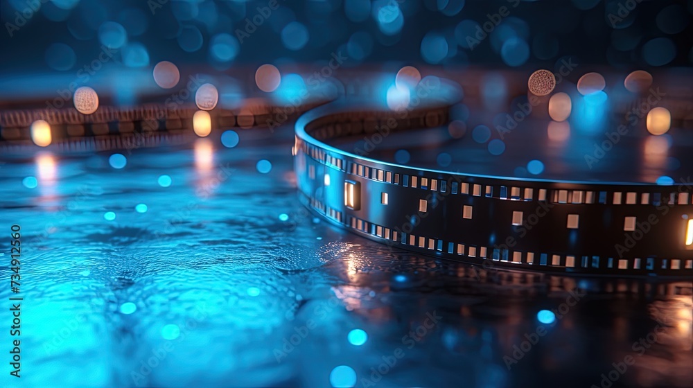 Fotografie, Obraz A close-up of a winding film strip on a reflective ...