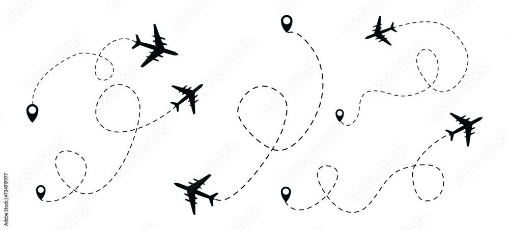 Dotted airplane cartoon illustration set. Path or way of plane ...