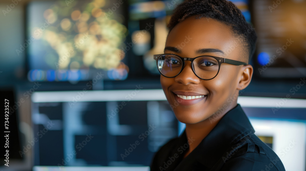 Black female cybersecurity analyst smiling at camera, with security ...
