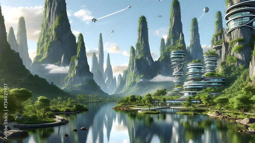 Harmony of Nature and Futurity: Rocky Mountains, Tranquil Lake, and ...