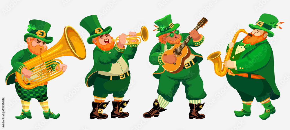 Four funny fat musicians in leprechaun costumes. People with a tuba ...