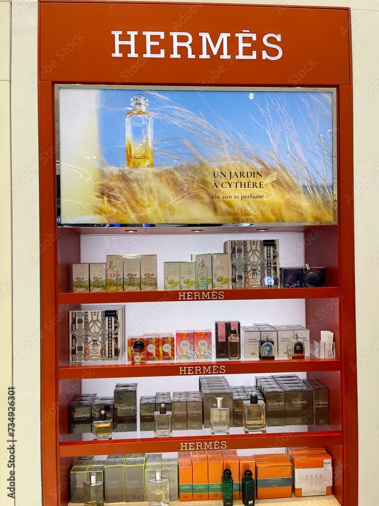 Brand display HERMES with latest fragrances in beauty store. Close-up ...