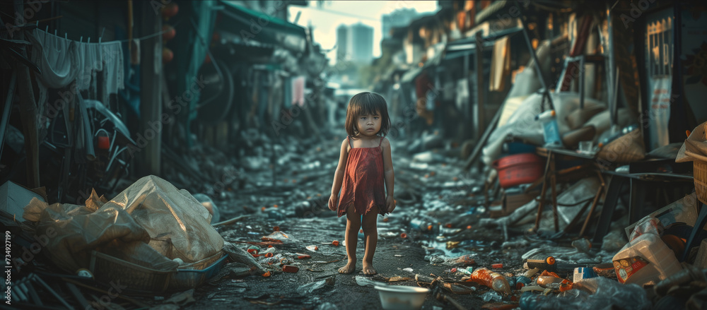Poverty-Stricken Child Stands Amidst A Cluttered Street, Clad In Worn ...
