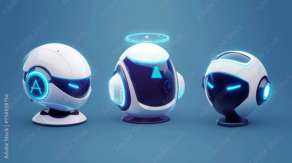 Futuristic Set of AI Robots and Digital Brain Concept on a Blue ...