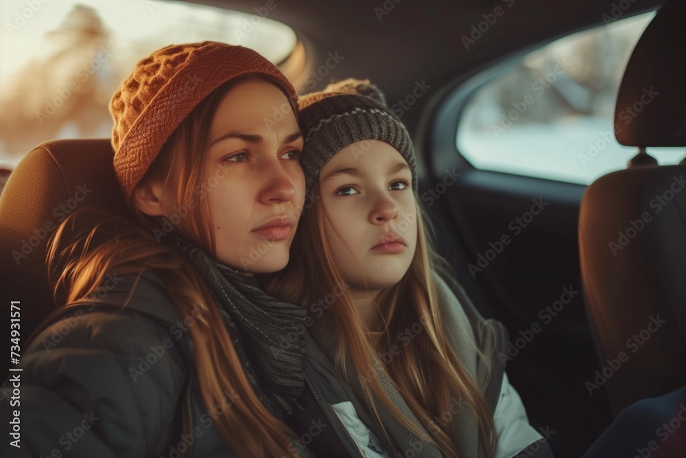 Anxious Mother In Car With Daughter, Displaying Concern And Discomfort ...