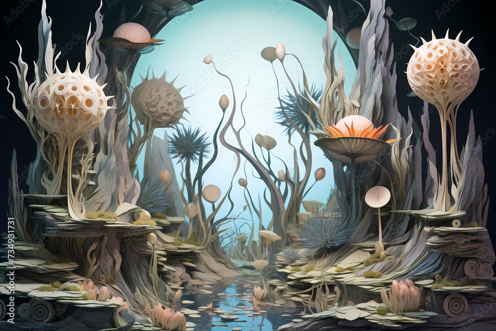 A paper art interpretation of an alien landscape, with finely cut ...