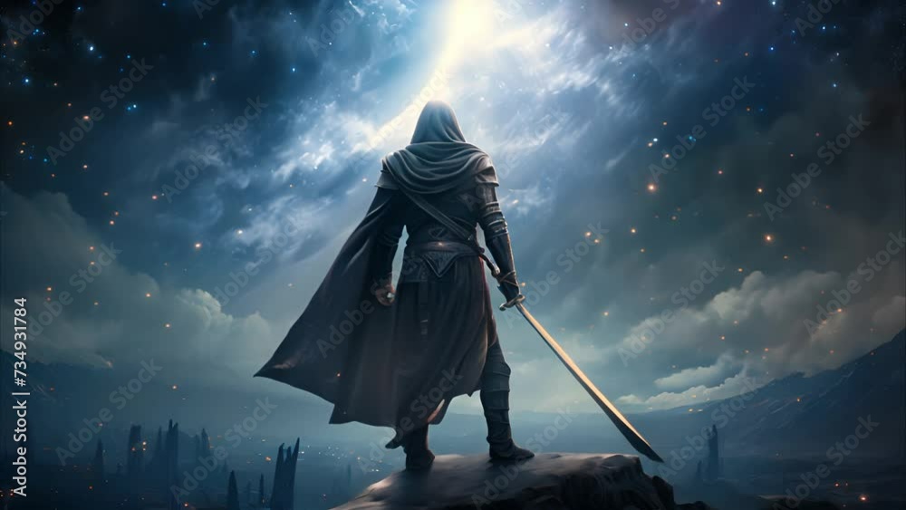 The mythical warrior stands resolute against the starry night sky with ...