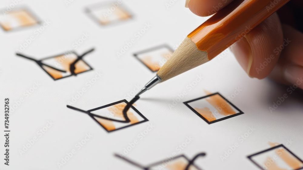 Hand elegantly marking a checklist box with a pencil, close-up. Concept ...