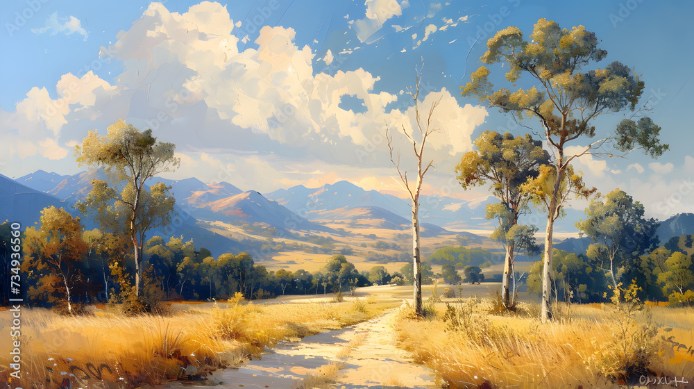 A picturesque landscape capturing the gentle sway of trees in a breeze ...