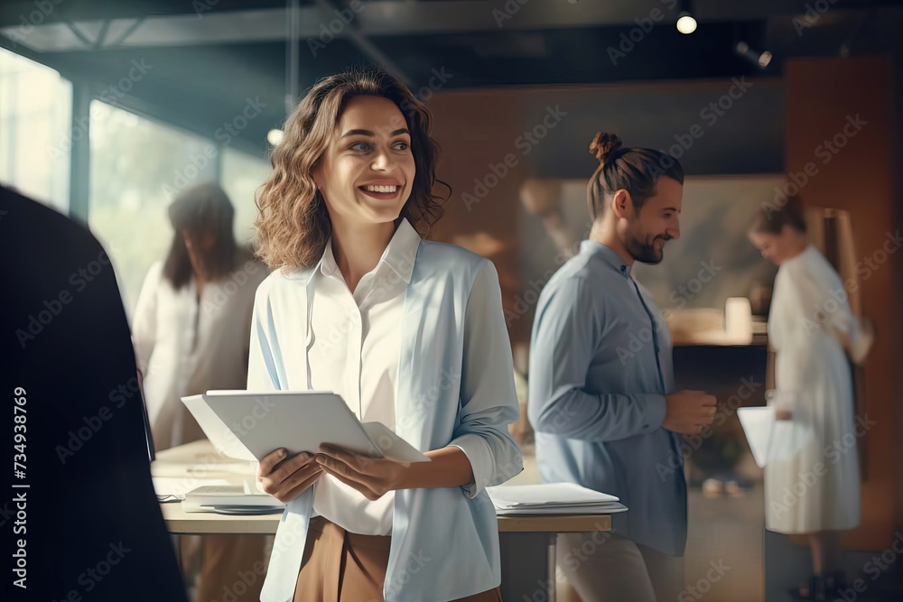 a successful promising PR manager girl is working on a tablet studying ...