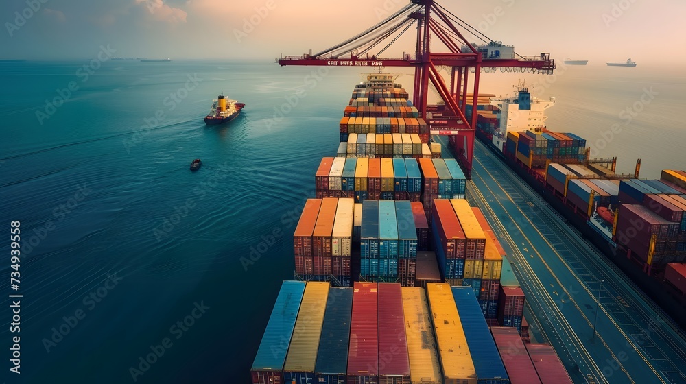 Container ship carrying container boxes import export dock with quay ...