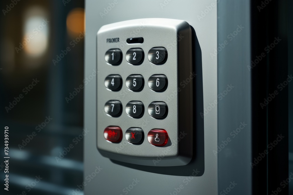 A detailed close-up of an access control keypad, mounted on a wall in ...