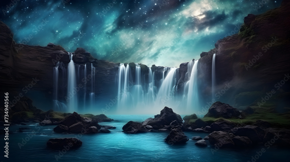 A photo of a waterfall with a starry night background mist rising from ...