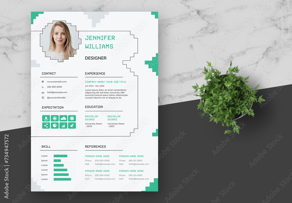 Green Designer Resume Pixels Stock Template | Adobe Stock