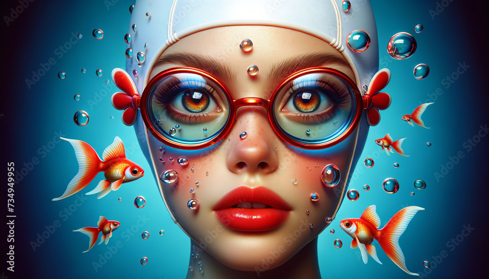 A hyper-realistic digital illustration of a woman submerged underwater ...