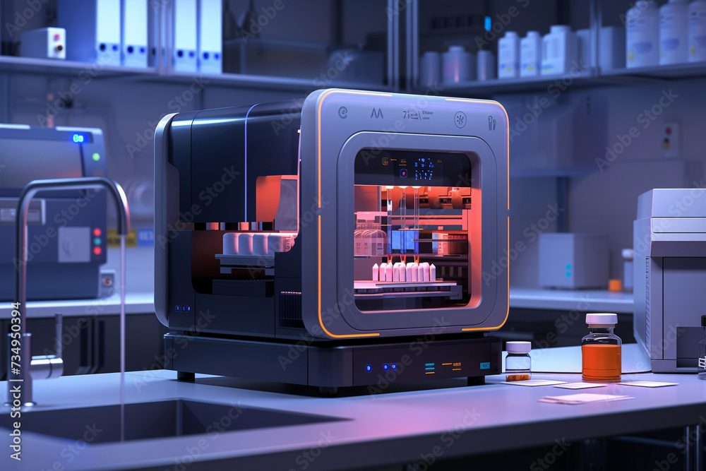 A cutting-edge pharmaceutical lab with a 3D printer producing ...