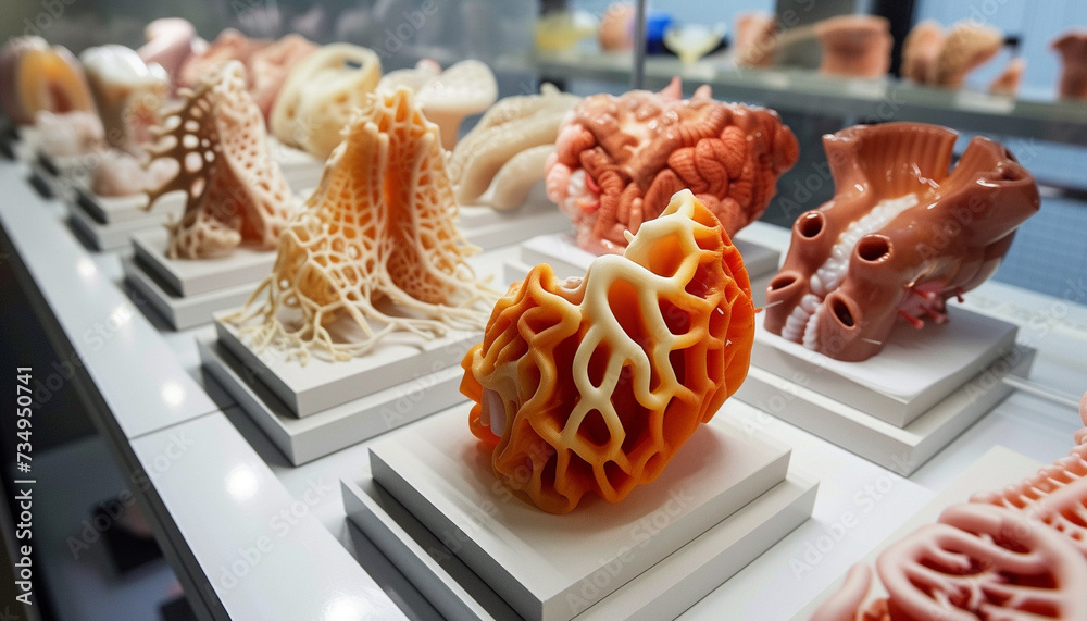 A series of 3D printed tissues and organs on display in a clinical ...