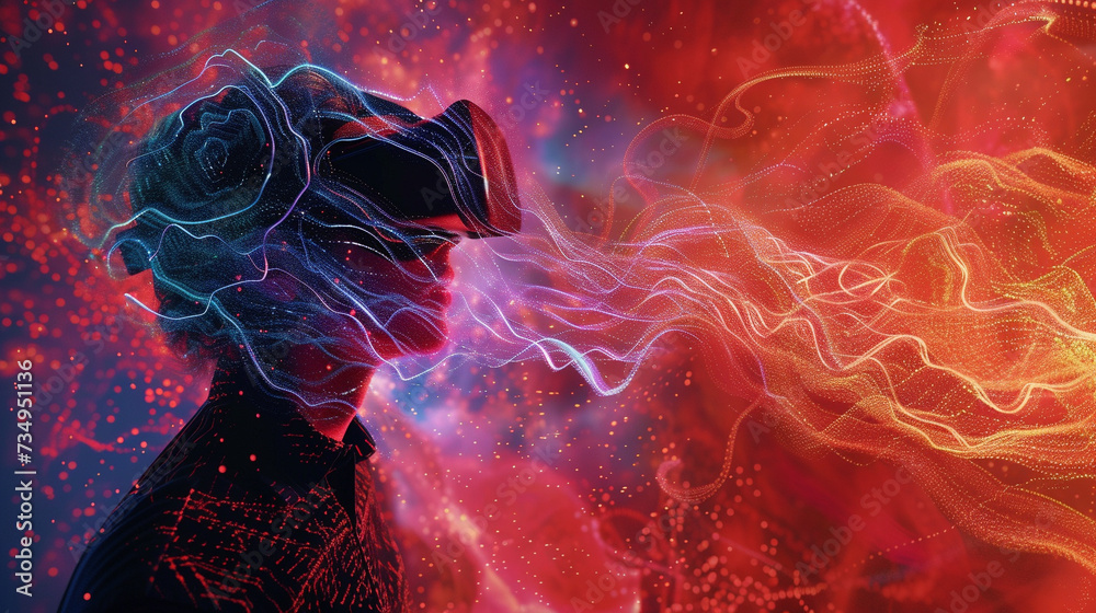 An abstract illustration of a person enveloped in a flow of digital ...