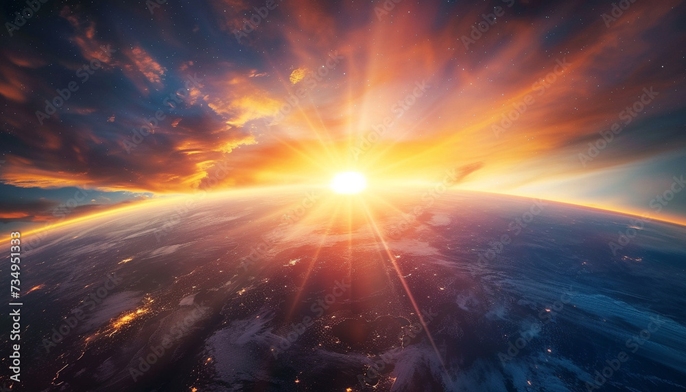 The sun rising over the curvature of the Earth illuminating the sky ...