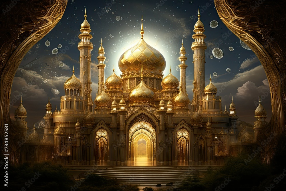 Beautiful golden mosque wallpaper. Ramadan Kareem background with ...