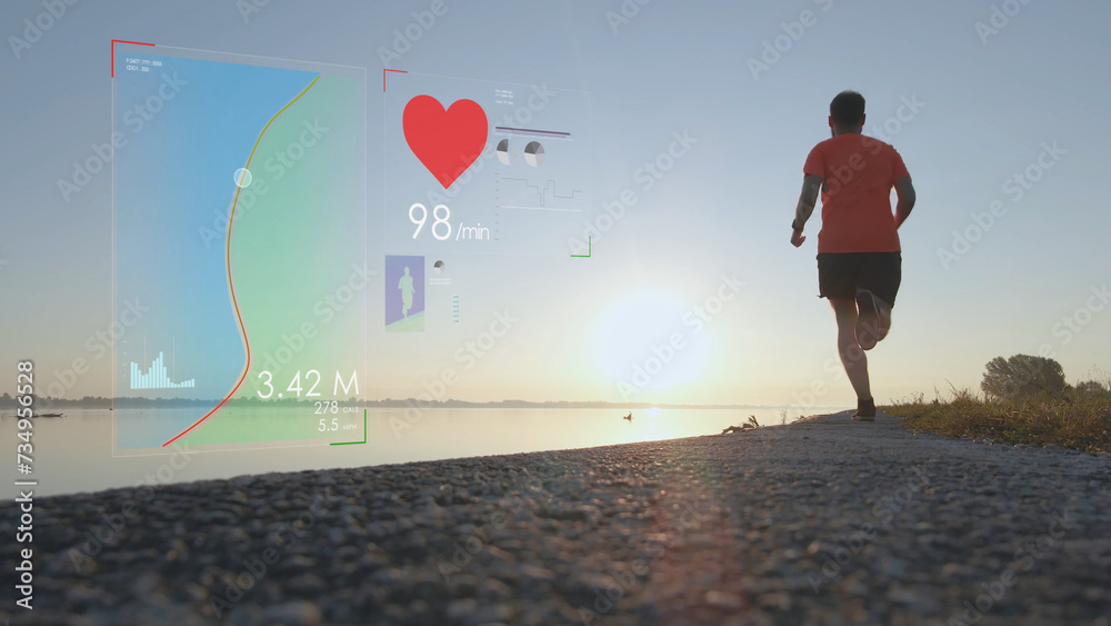 Health Diagrams and Heart Rate Infographics on Male Running by River ...