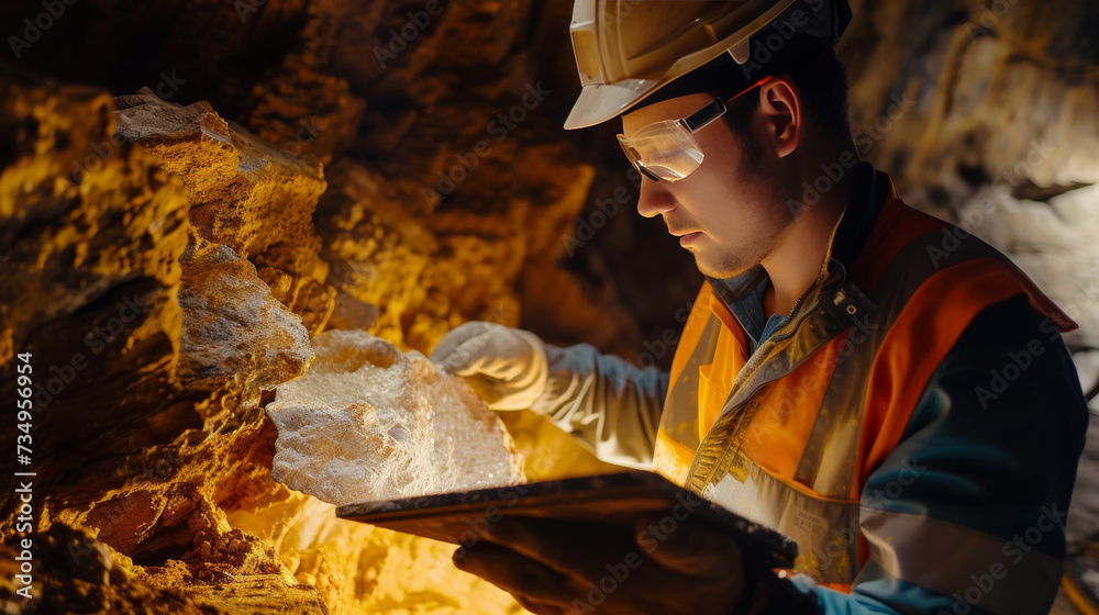 Mining and geological engineer inspecting core samples from underground ...