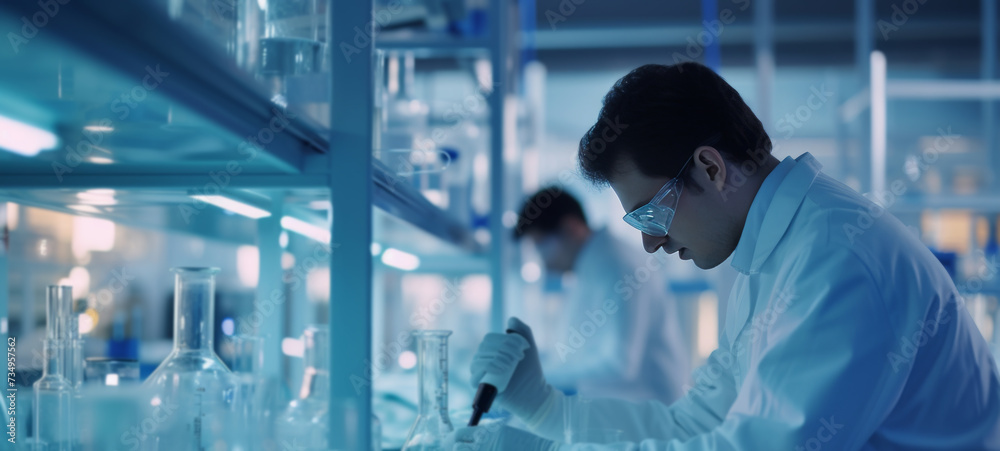 Chemical engineers working with glassware and reactors in a modern ...