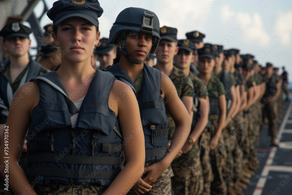 A group of physically diverse Navy personnel on a carrier deck ...