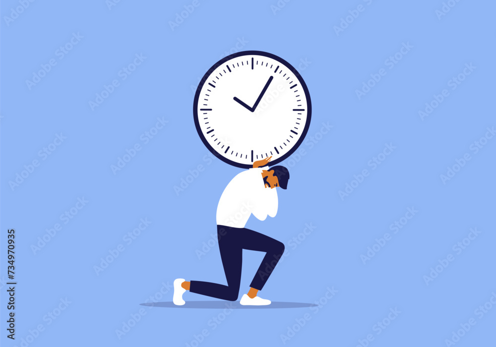 Man carrying huge heavy clock on shoulders. Time pressure, work ...