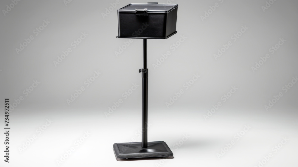 This black portable lectern with a tiltable top and wheels against a ...