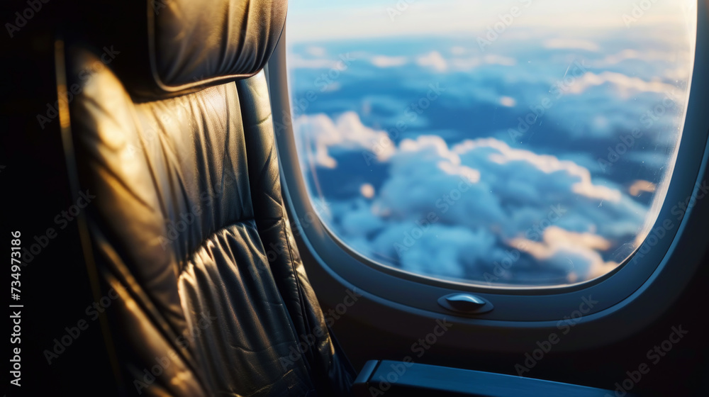 Airplane empty window seat in a business class . Sky view on white-blue ...