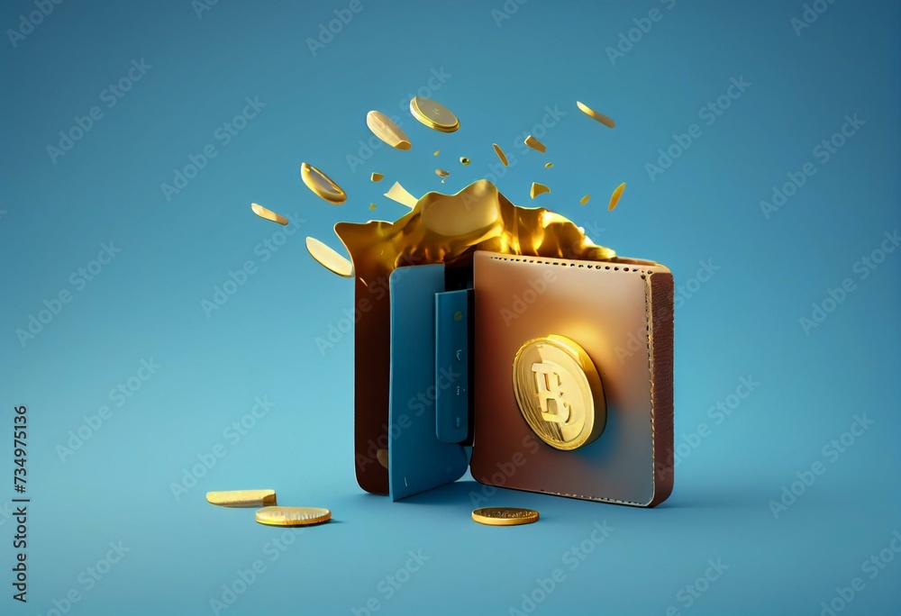 Stockillustratie Gold coin falling into wallet floating on blue ...