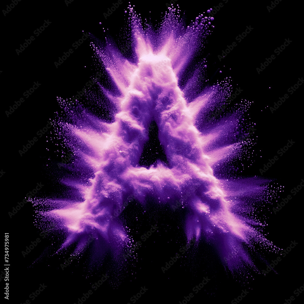 Letter A - Purple powder explosion font isolated on black background ...