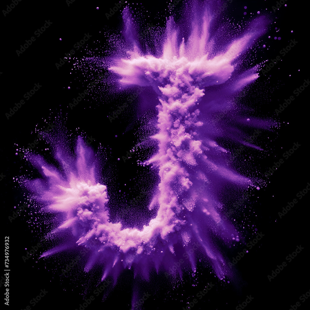 Letter J - Purple powder explosion font isolated on black background ...