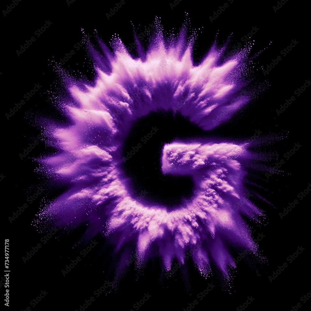 Letter G - Purple powder explosion font isolated on black background ...