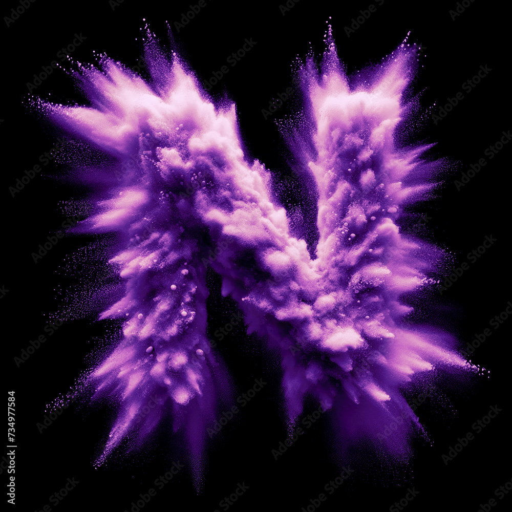 Letter N - Purple powder explosion font isolated on black background ...